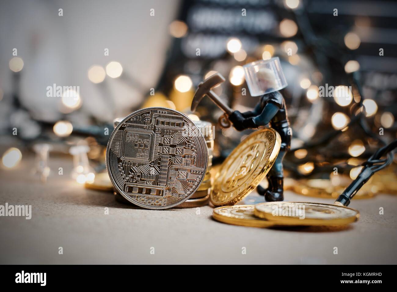 Digital currency physical metal coin. Christmas cryptocurrency concept ...