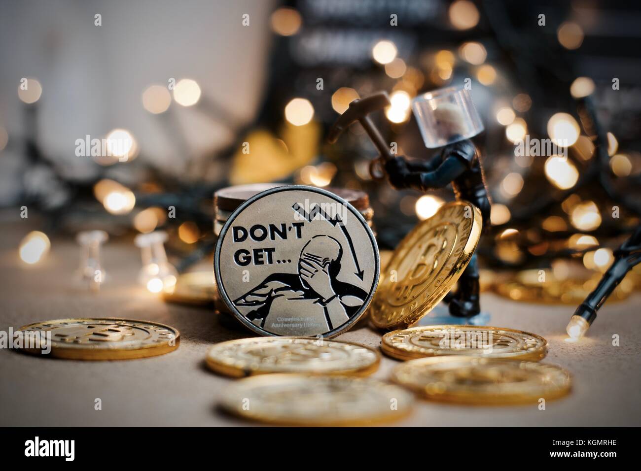 Digital currency physical metal coin. Christmas cryptocurrency concept ...
