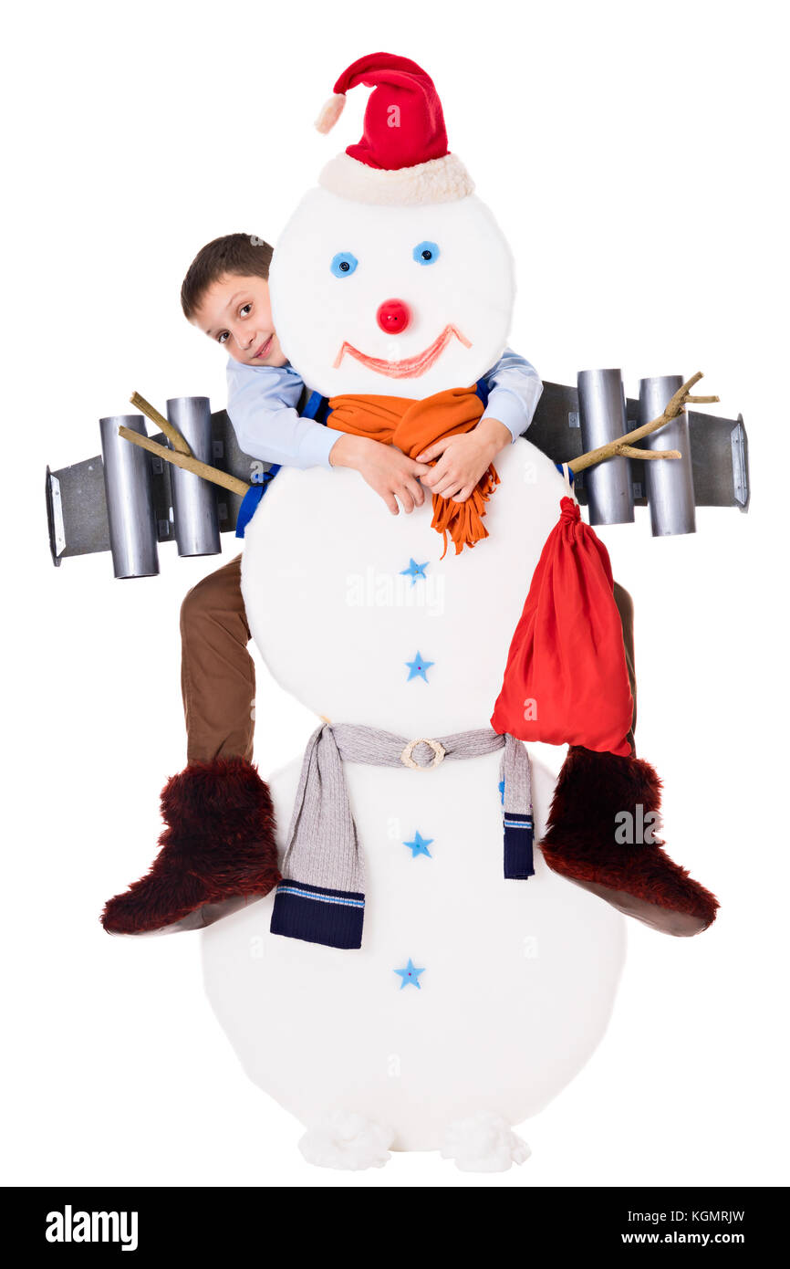 Boy and snowman with jetpack deliver presents for Christmas Stock Photo ...