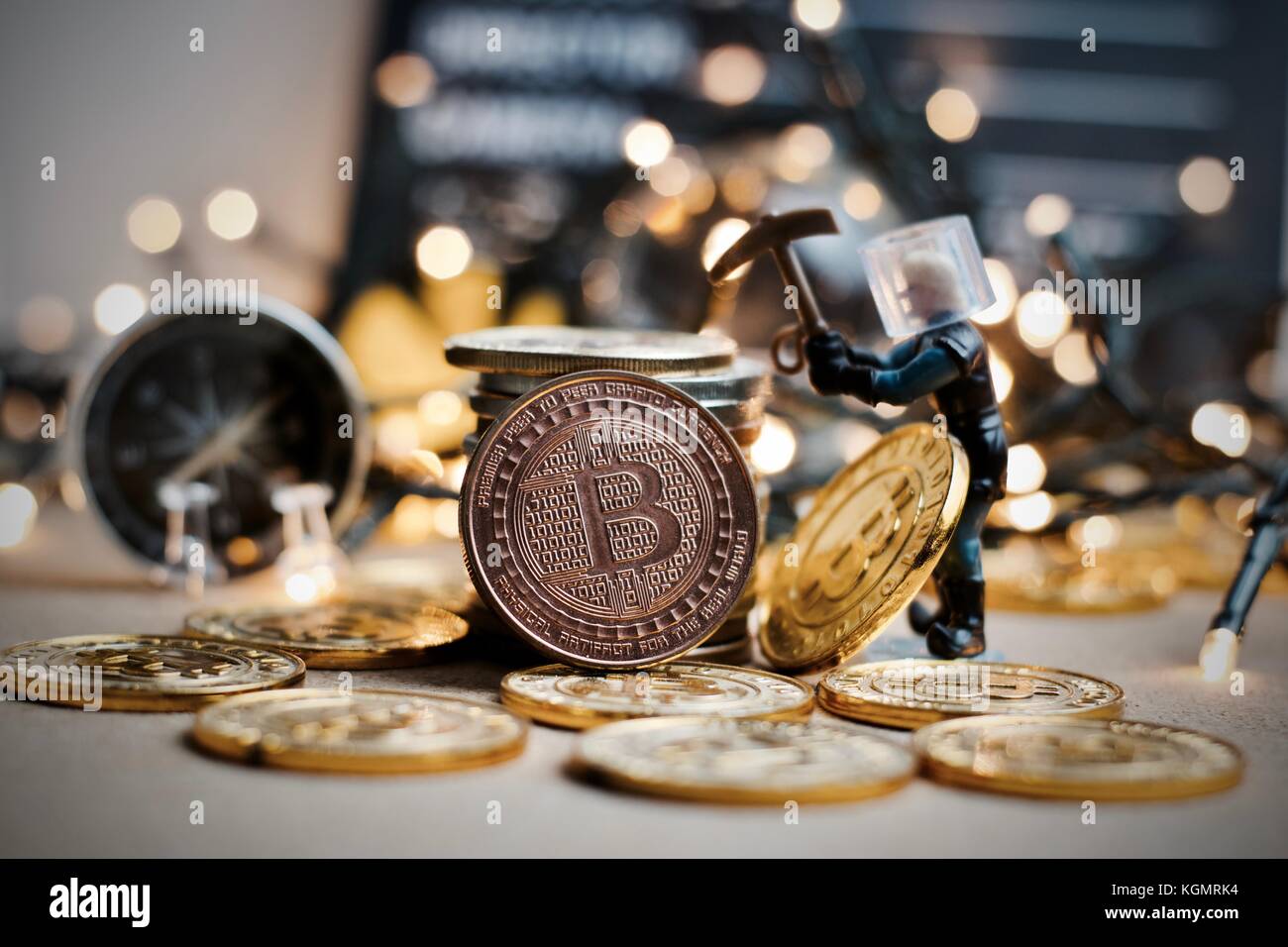 Digital currency physical metal coin. Christmas cryptocurrency concept ...