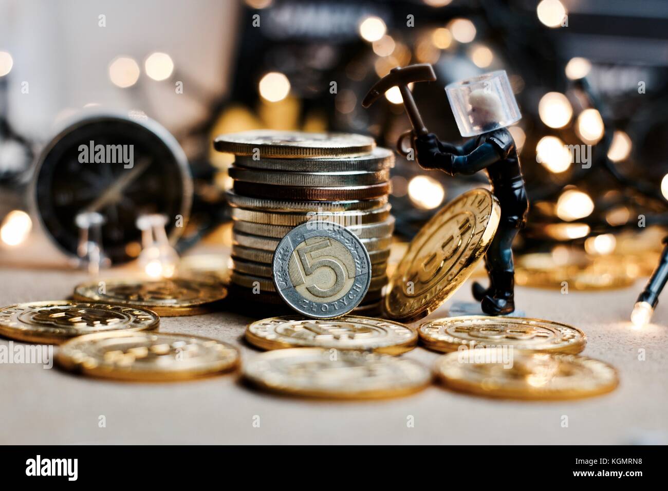 Digital currency physical metal coin. Christmas cryptocurrency concept ...