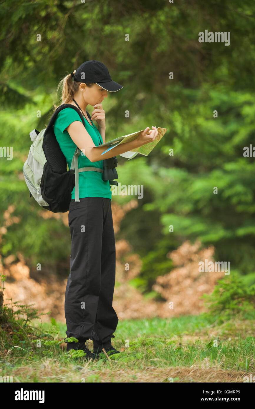 Hiker looking on map in forest Stock Photo - Alamy