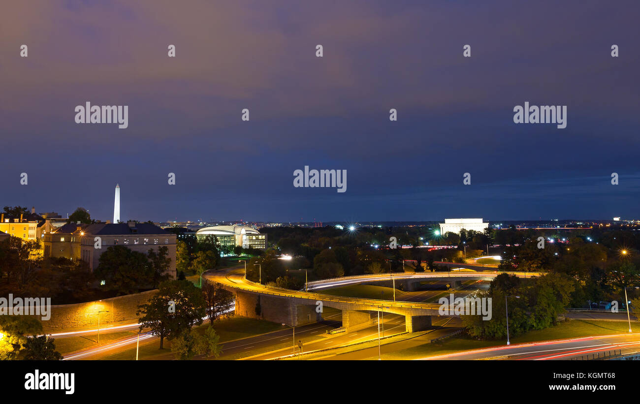 Washington DC night panorama with Lincoln Memorial and National ...