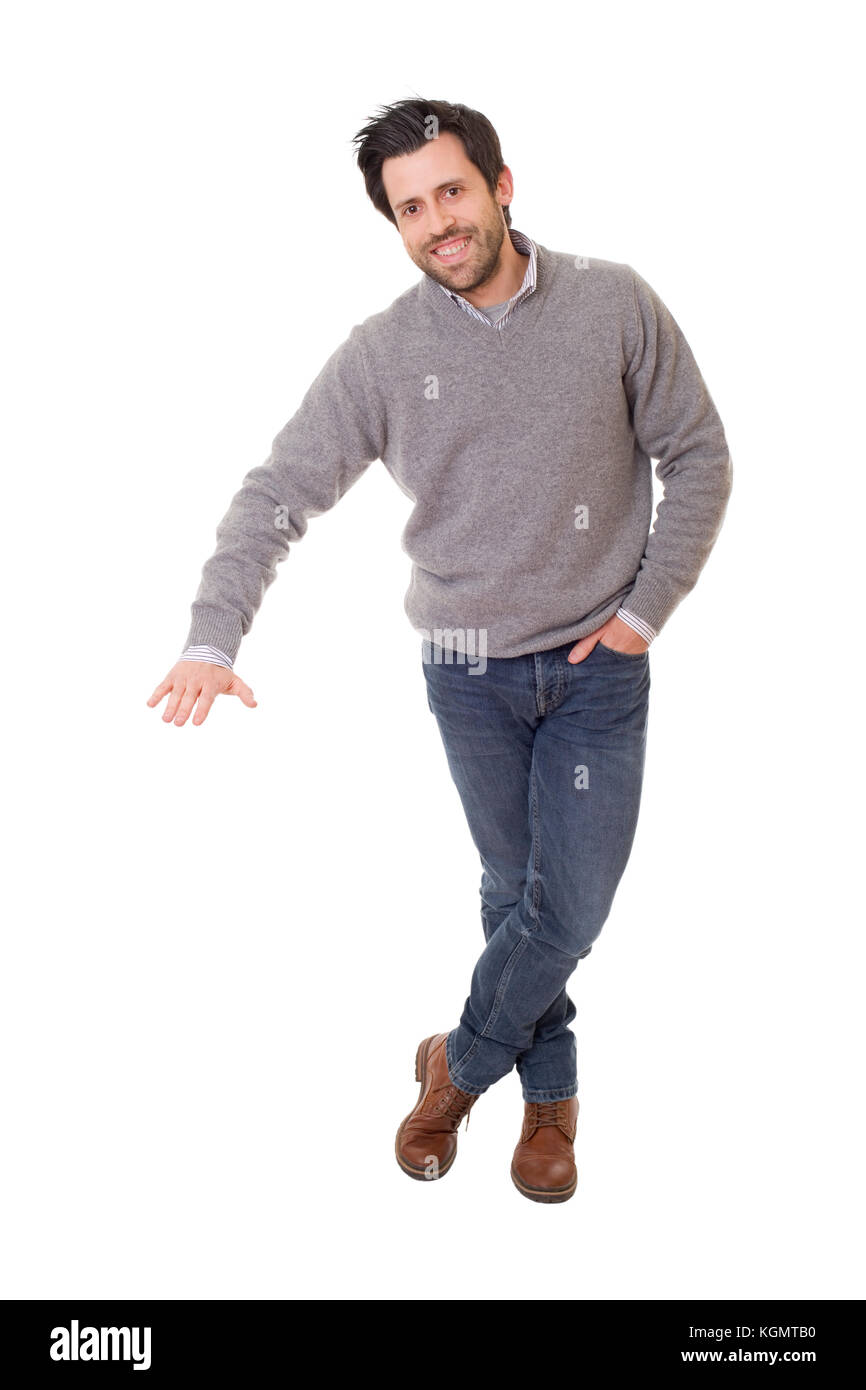 casual man with arm out in a showing gesture, isolated on white Stock ...