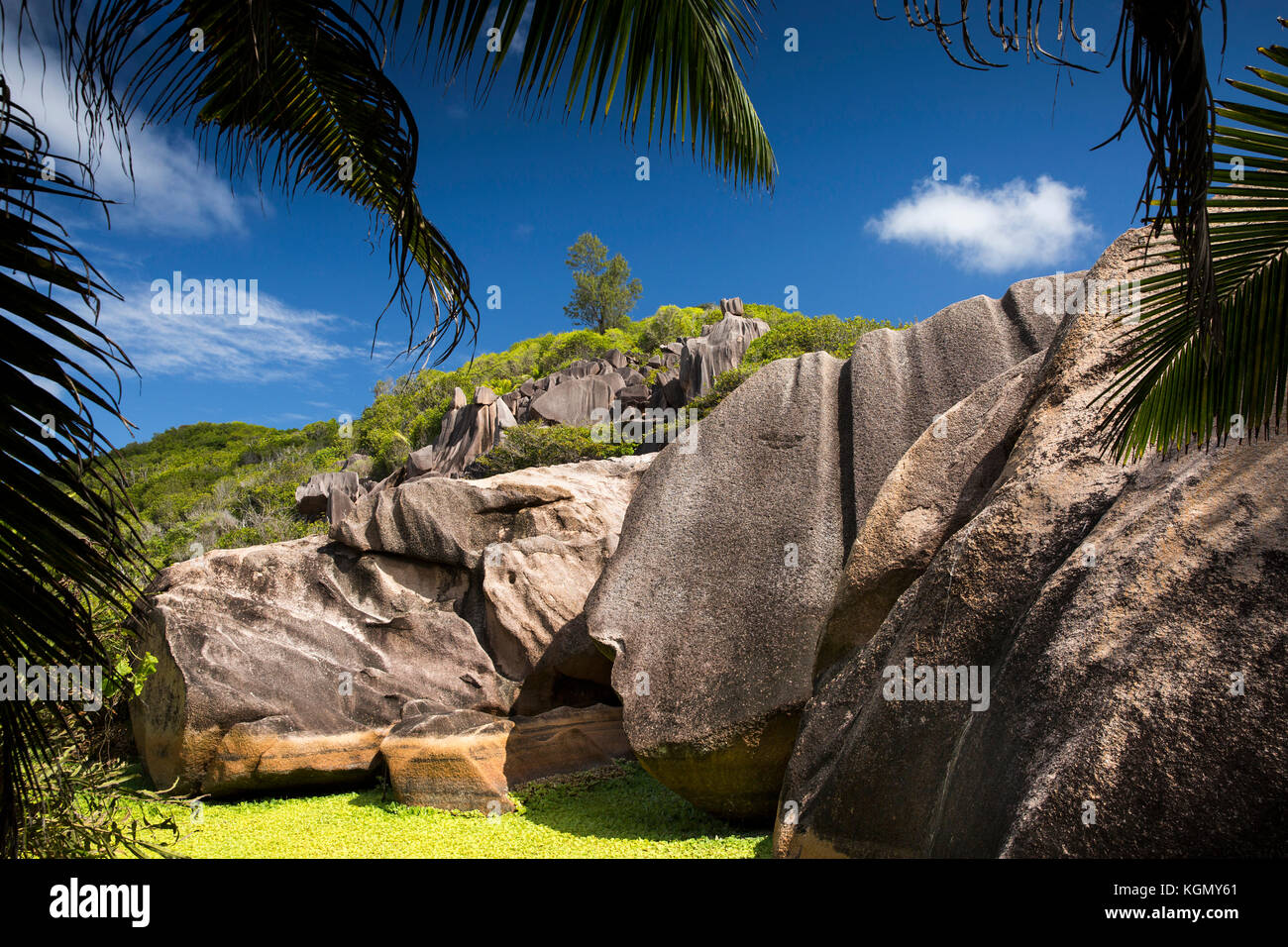The Seychelles, La Digue, Grand Anse, eroded granite rock formation on ...