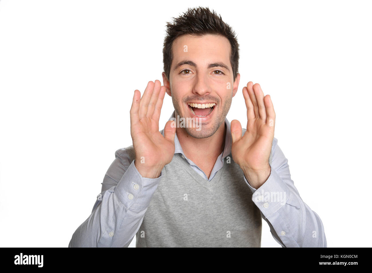 Man on white background shouting Stock Photo - Alamy