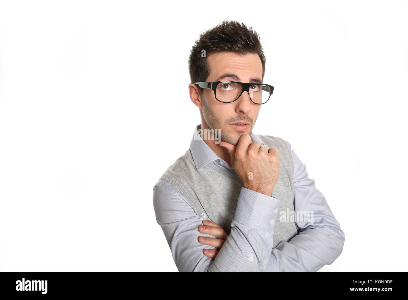 Sceptical man with eyeglasses, isolated Stock Photo - Alamy
