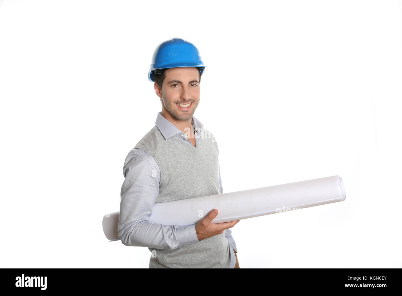 Smiling architect standing on white background Stock Photo - Alamy