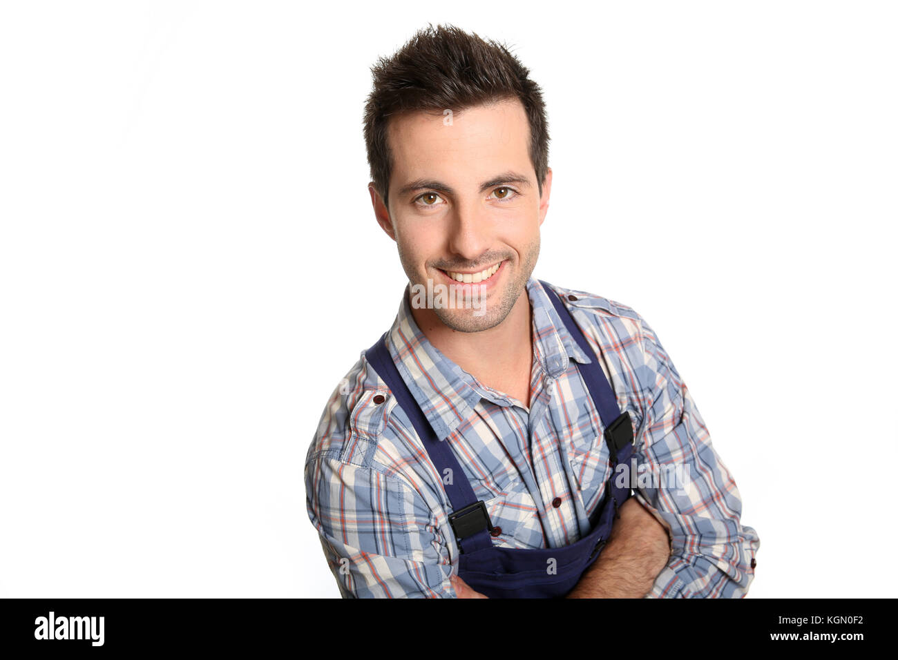 Cheerful craftsman standing on white background Stock Photo - Alamy
