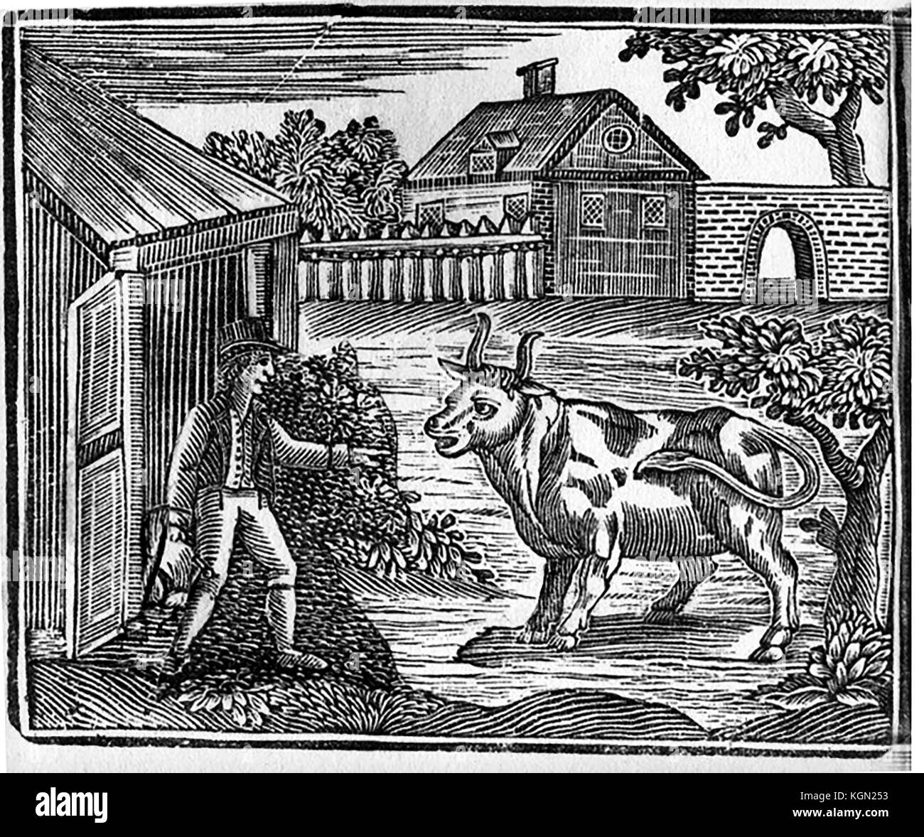 An early woodcut showing an English farmer carrying a saddle ready to ...
