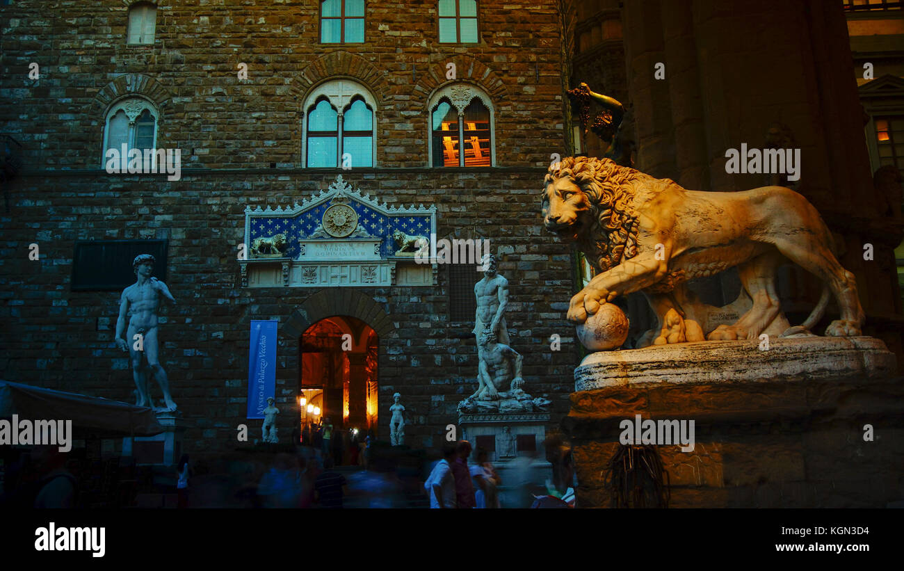 FLORENCE, ITALY,Palazzo Vecchio and the Piazza della Signoria,statue of ...