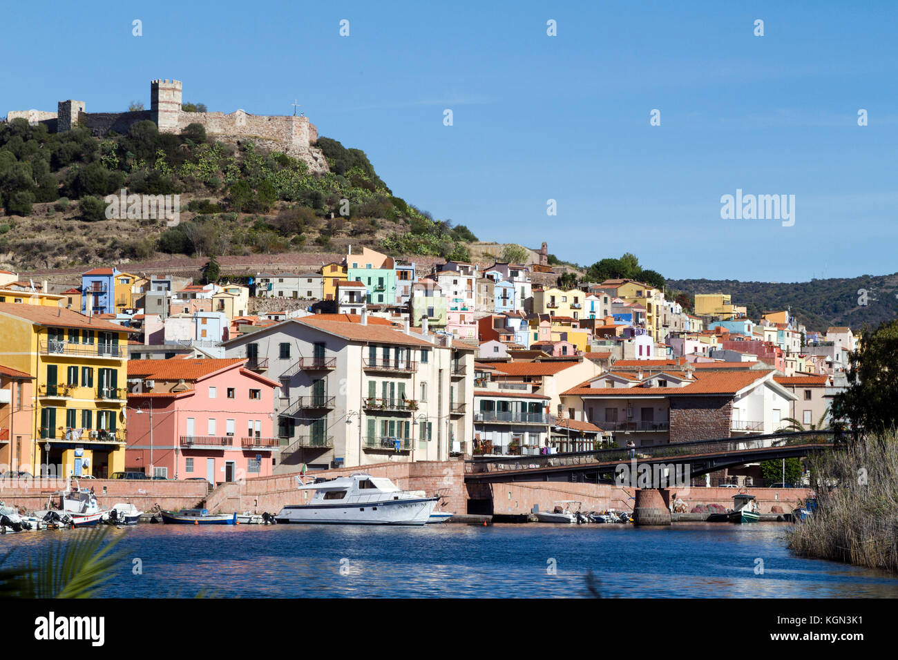 Colored houses along the Temo river in the old town of Bosa, west coast ...