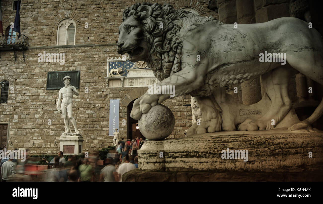 FLORENCE, ITALY,Palazzo Vecchio and the Piazza della Signoria,statue of ...