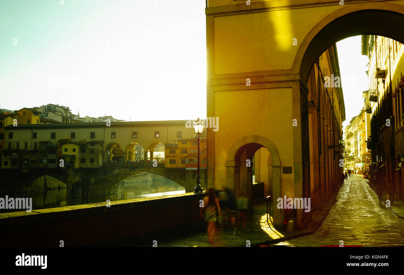 Street near the old bridge " Ponte Vecchio “, Florence, Italy Stock ...