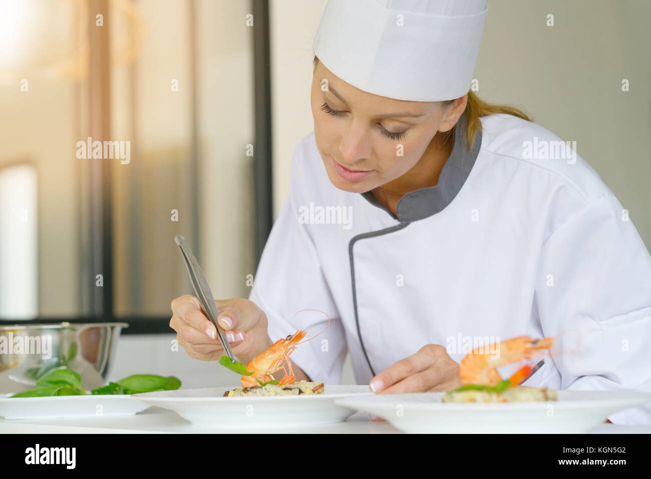 Chef preparing dish in professional kitchen Stock Photo - Alamy