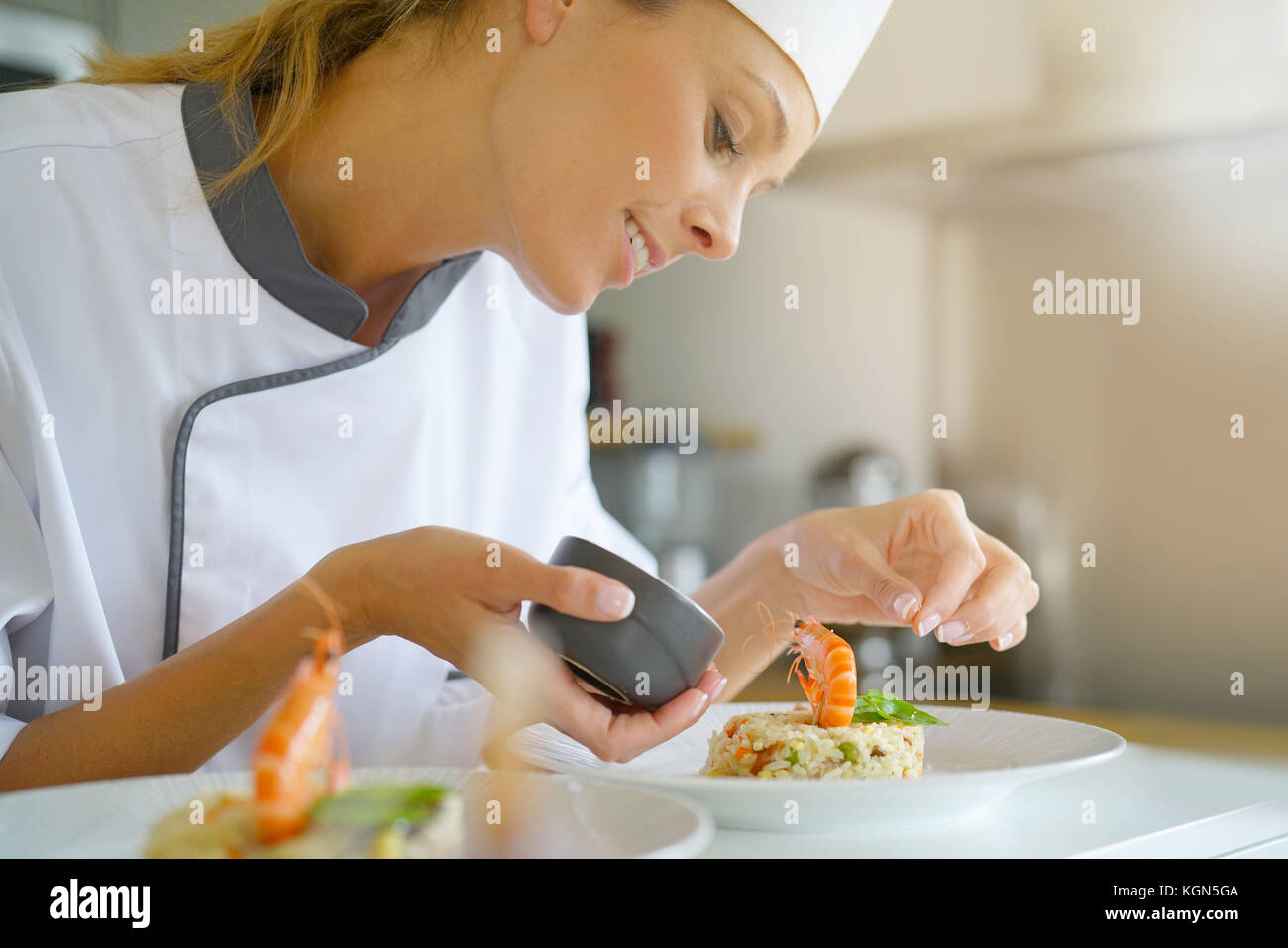 Chef preparing dish in professional kitchen Stock Photo - Alamy