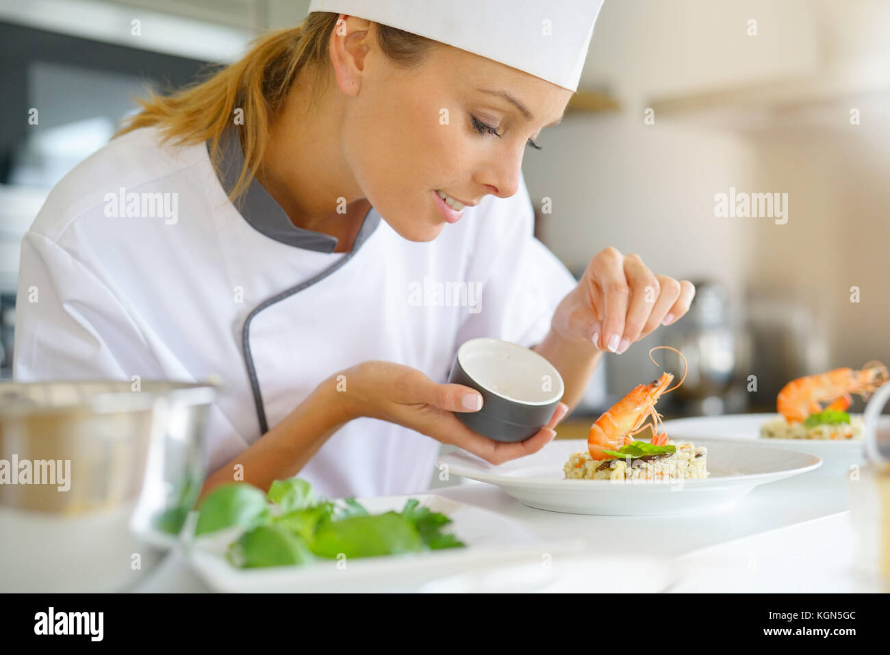 Chef preparing dish in professional kitchen Stock Photo - Alamy