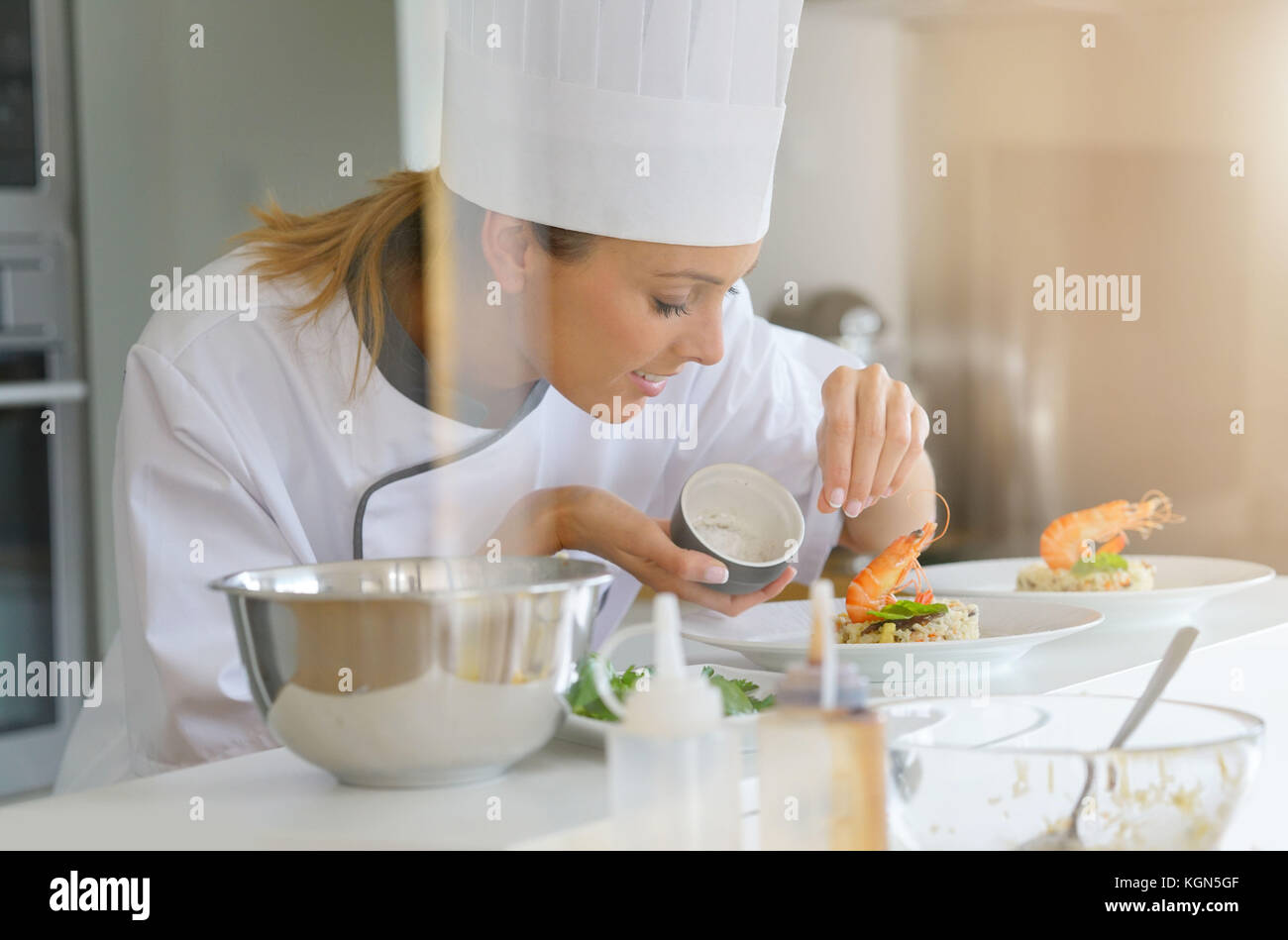 Chef preparing dish in professional kitchen Stock Photo - Alamy