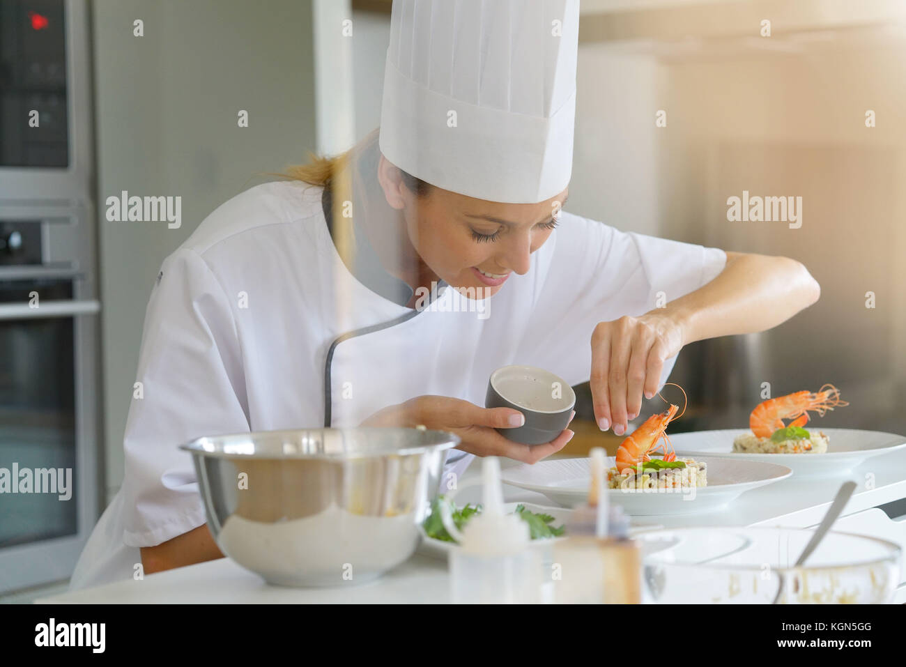 Chef preparing dish in professional kitchen Stock Photo - Alamy