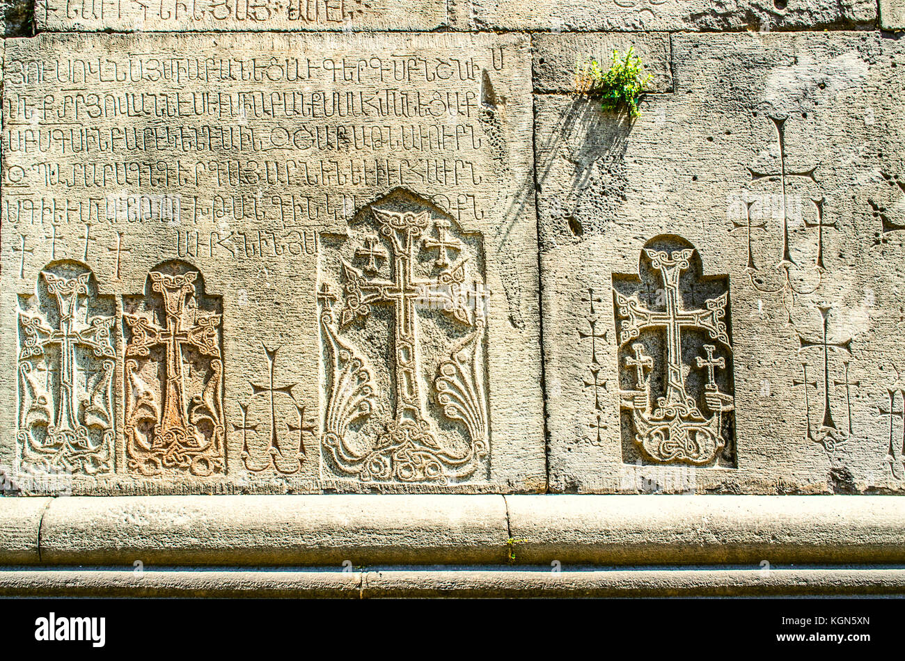 Engraved crosses on the stone wall of the monastery of Haghpat Stock ...