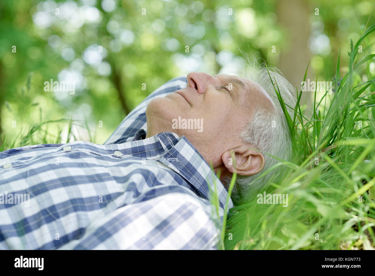 Senior man taking a nap laying down in grass Stock Photo - Alamy