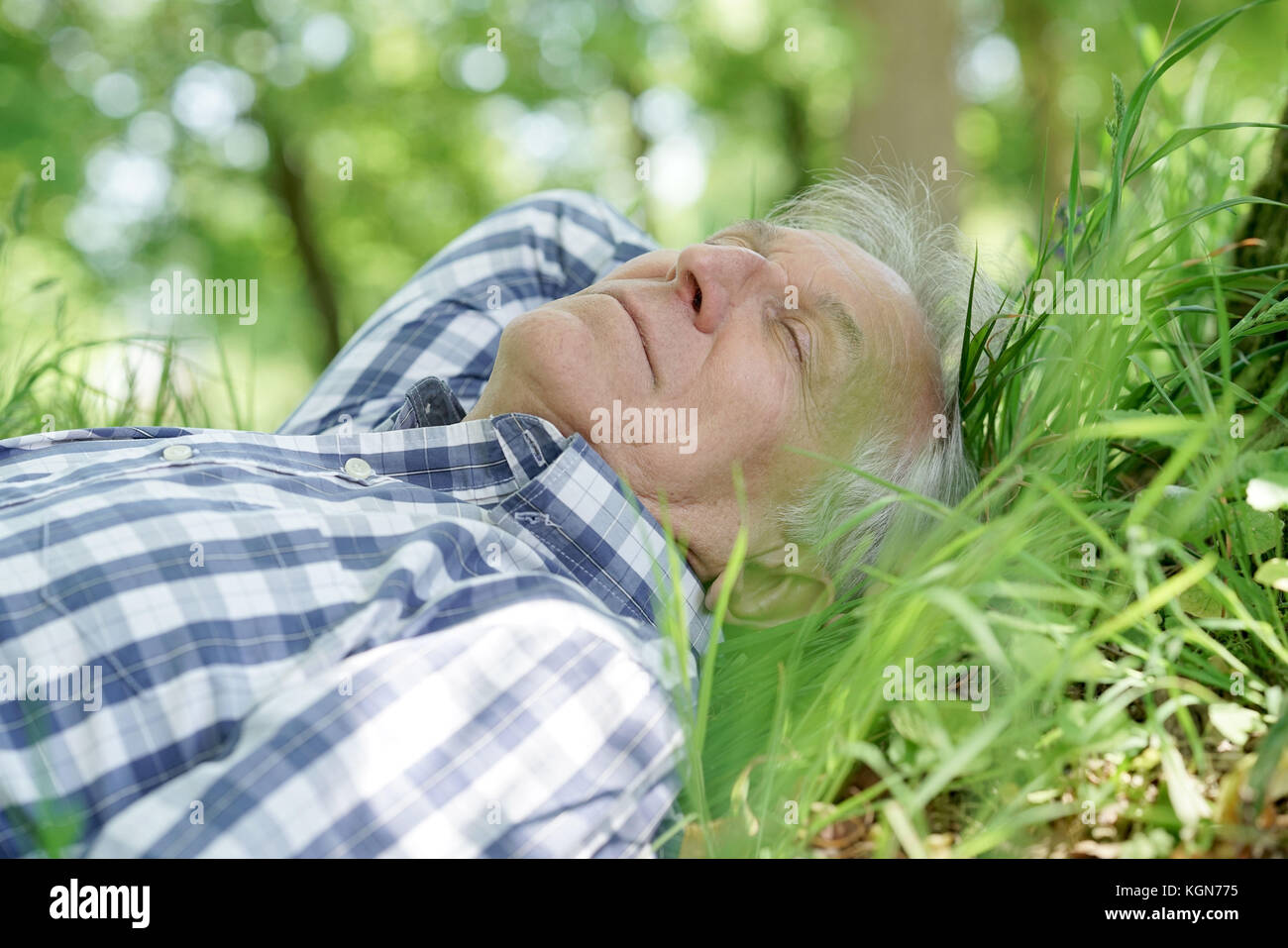 Senior man taking a nap laying down in grass Stock Photo - Alamy