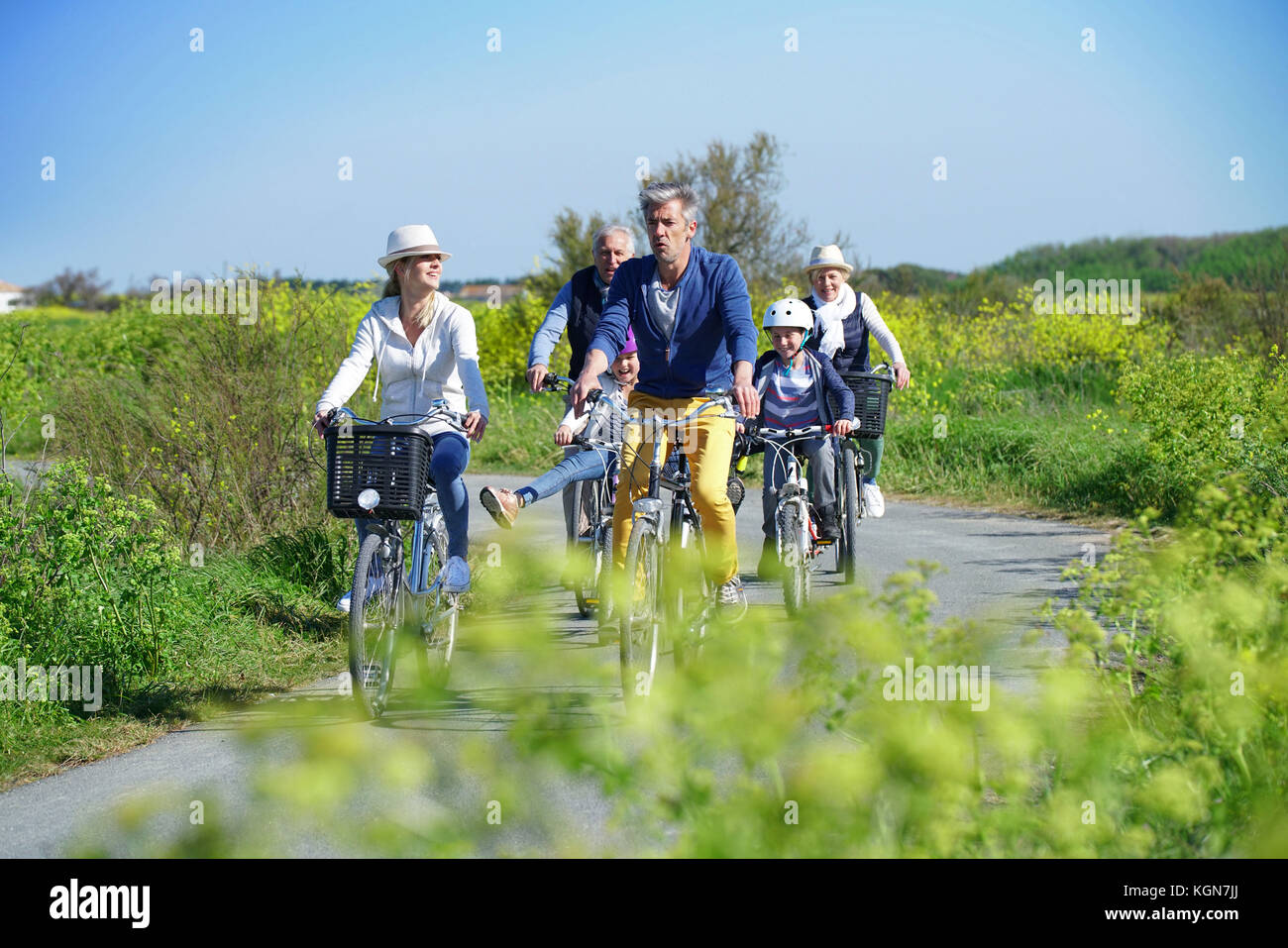 Family riding bikes together on country road Stock Photo - Alamy