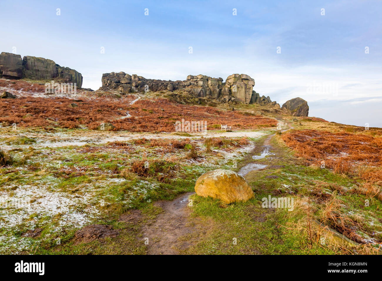 Hangingstone Rockss and the Cow and Calf at Ilkley in winter with a ...