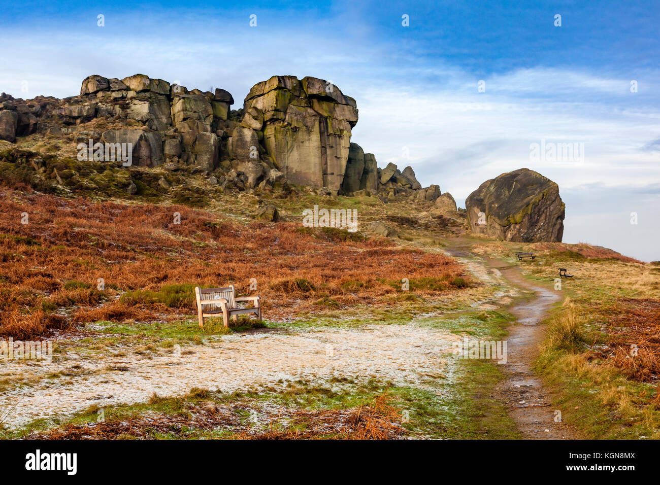 Hangingstone Rockss and the Cow and Calf at Ilkley in winter with a ...