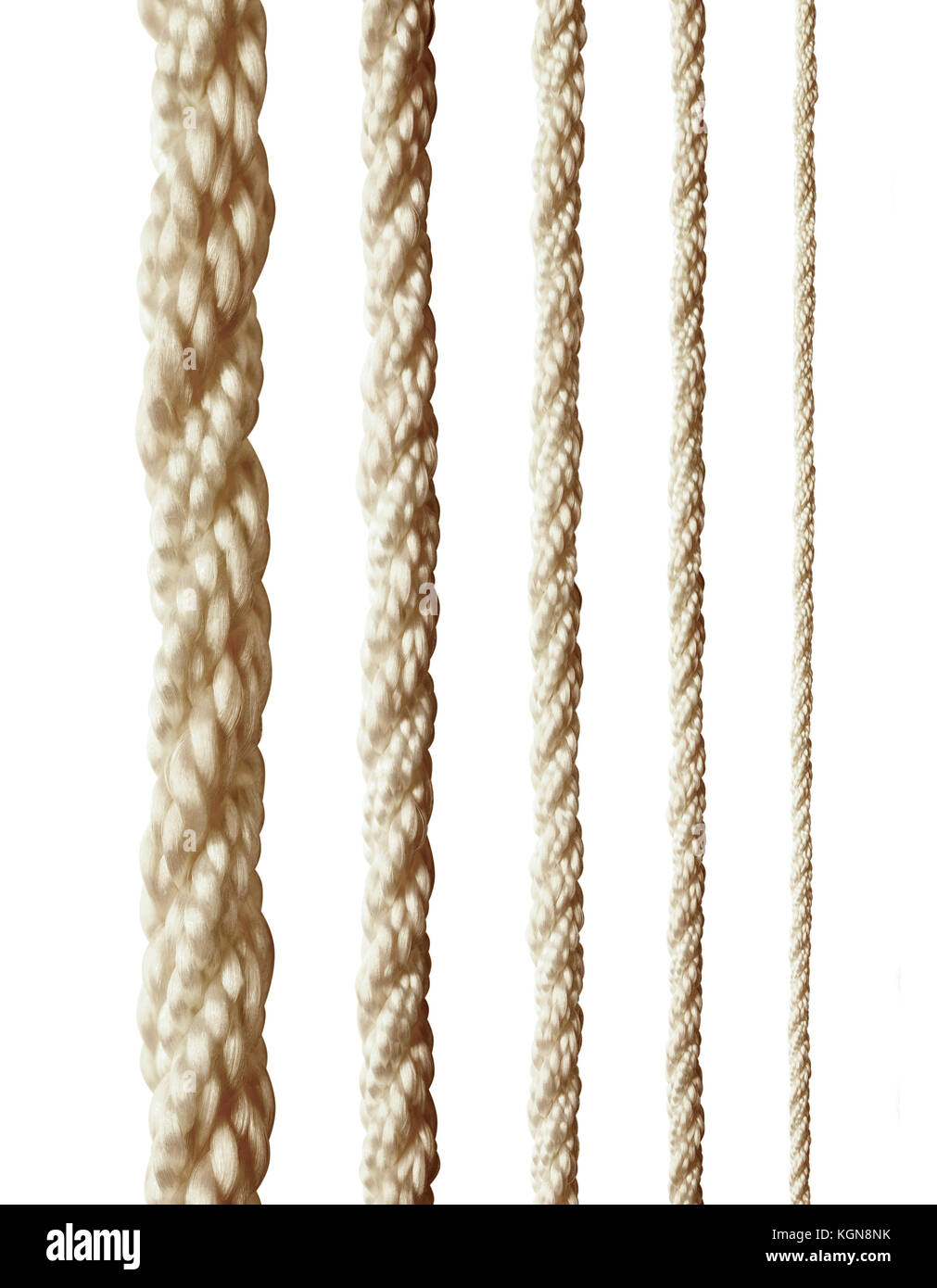 collection of various ropes on white background. each one is shot ...
