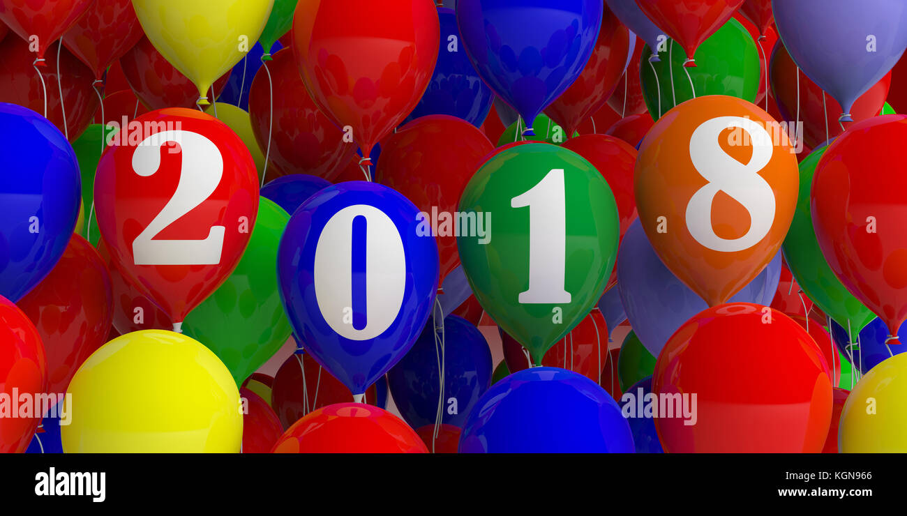 New year 2018 on colorful balloons background. 3d illustration Stock ...
