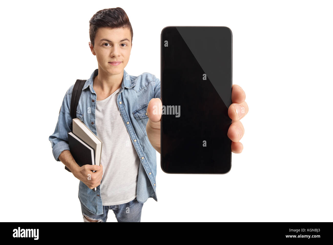 Teenage student showing a phone isolated on white background Stock ...