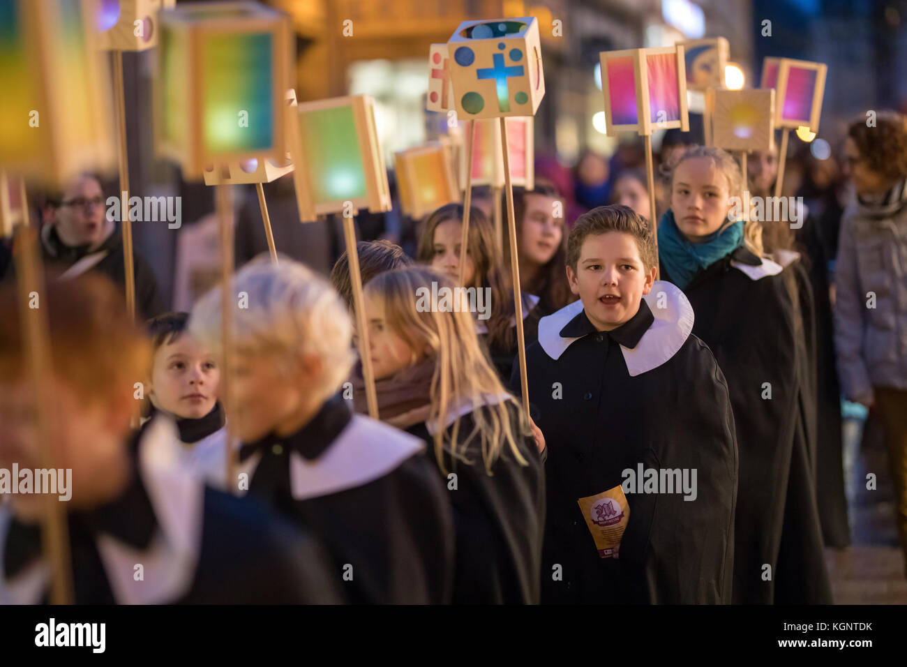 Children carrying lanterns during a parade of St. Martin's Day, which ...