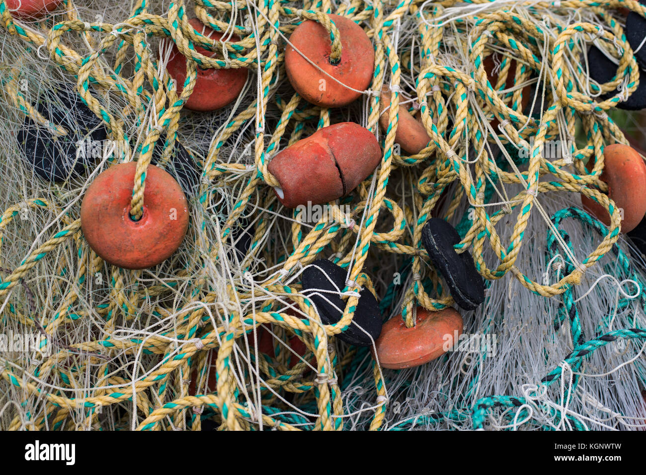 Full frame shot of tangled fishing net and buoys, Tayrona, Columbia ...