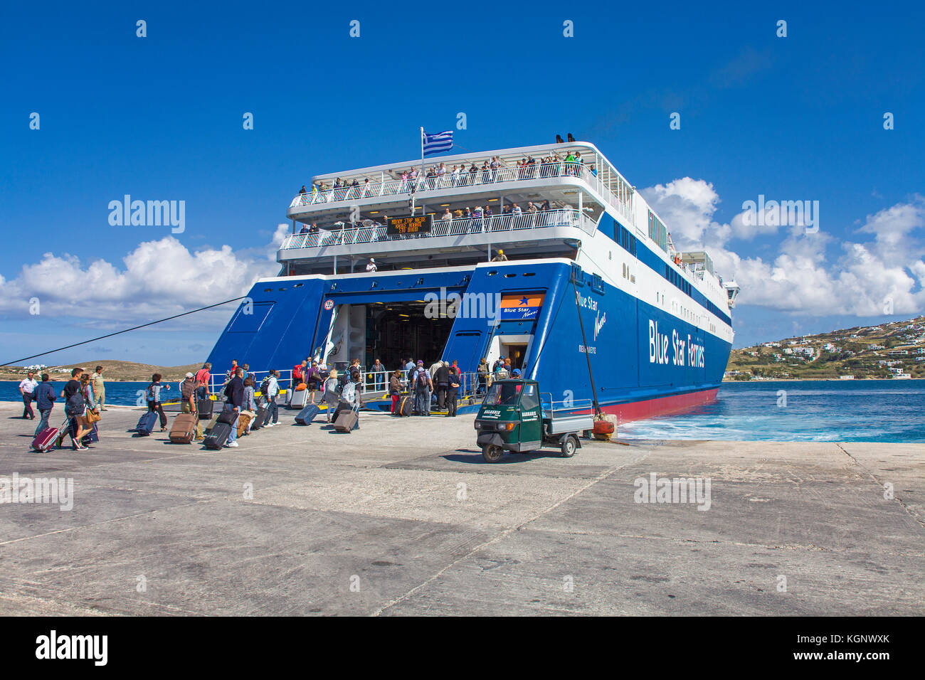Traveller boarding at Blue Star Ferry, ferry harbour of Parikia, Paros ...