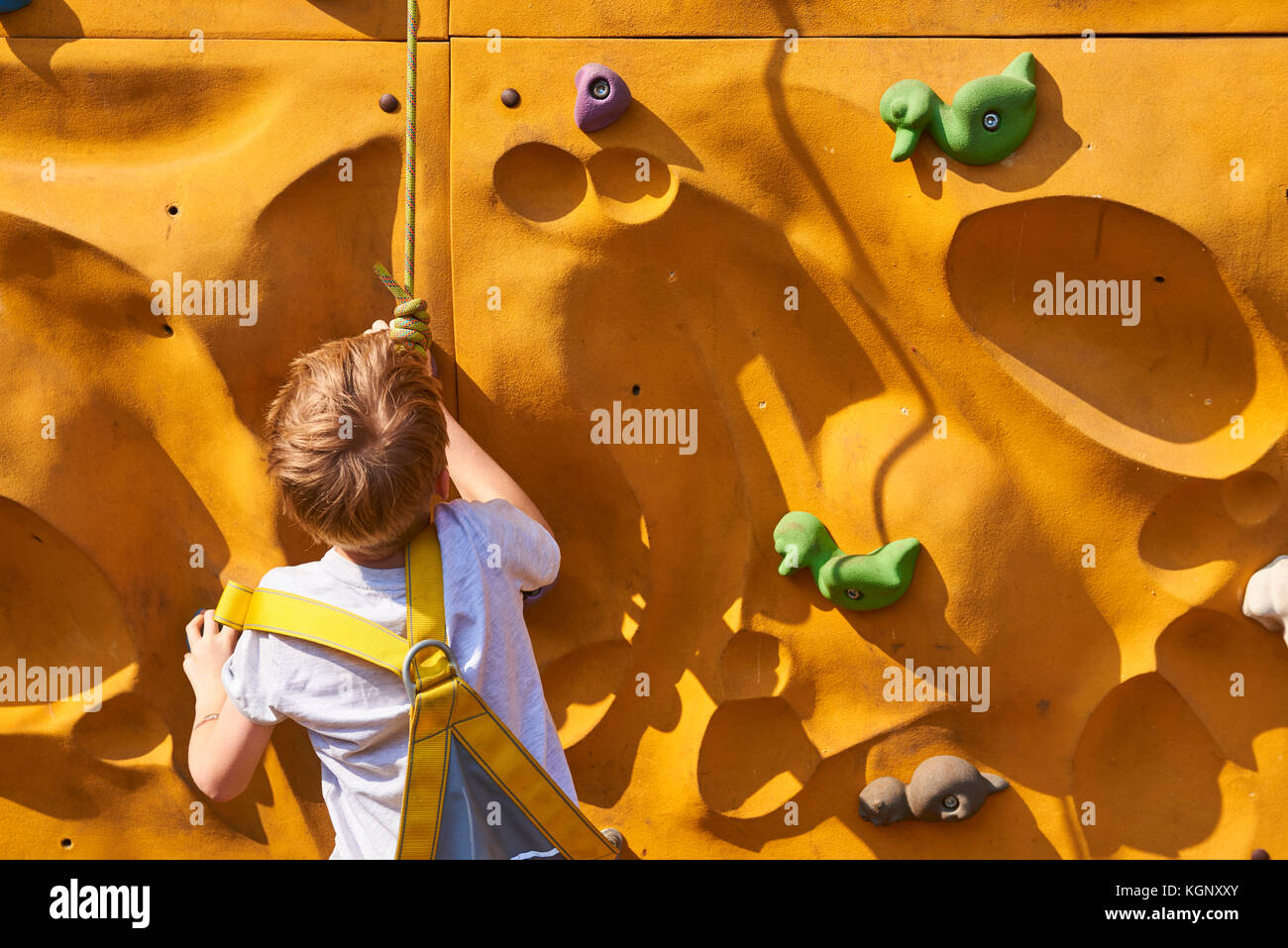 Child climbing a rock wall outdoor - bouldering Stock Photo - Alamy