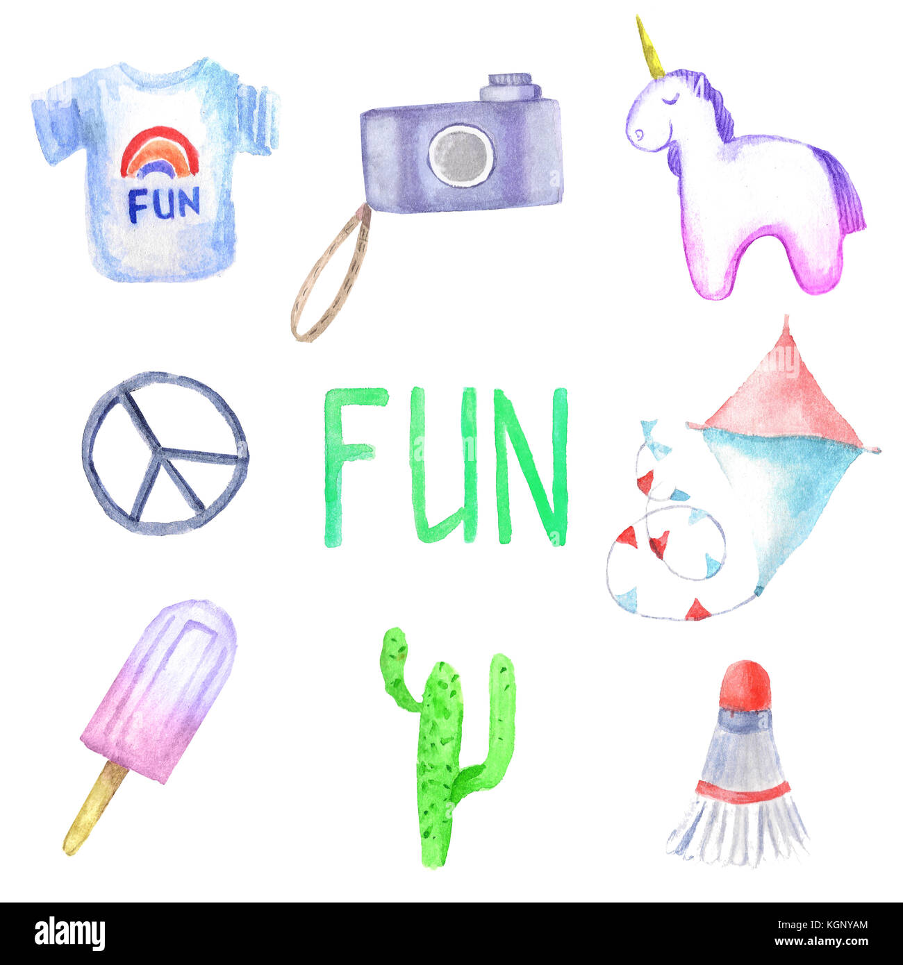 Watercolor summer vacation set. Hand drawn watercolor Stock Photo - Alamy