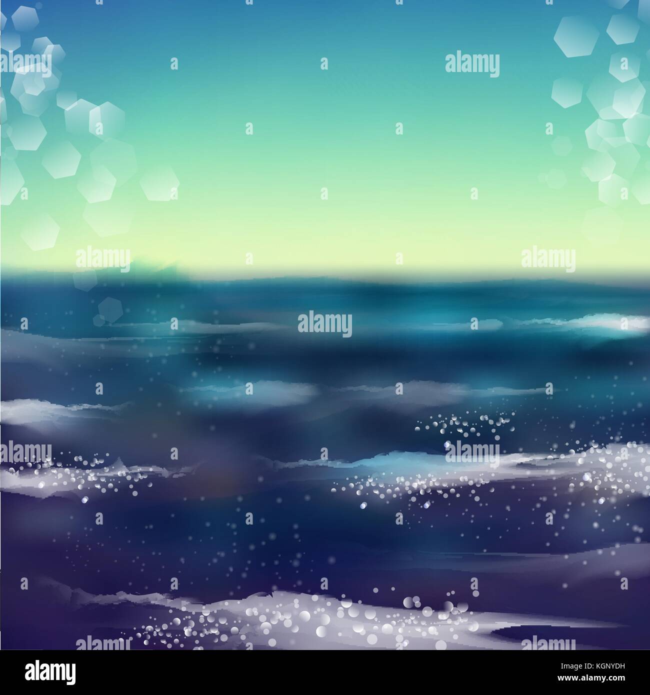 Spring and summer watercolor ocean background with shining sparks and ...