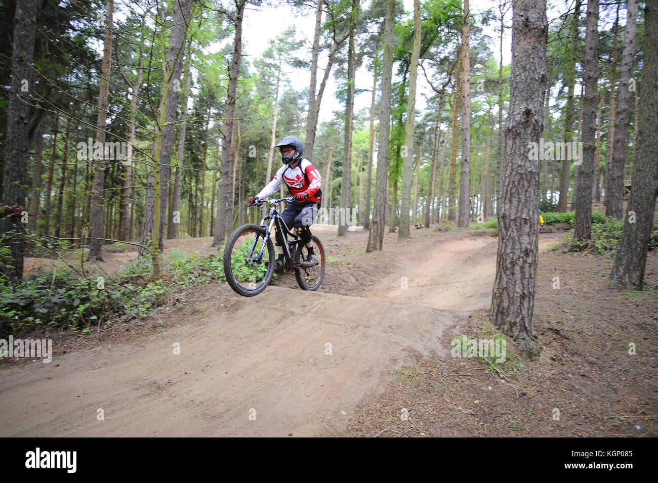 Mountain biking at Chicksands, Bedfordshire. Riders descending down a ...