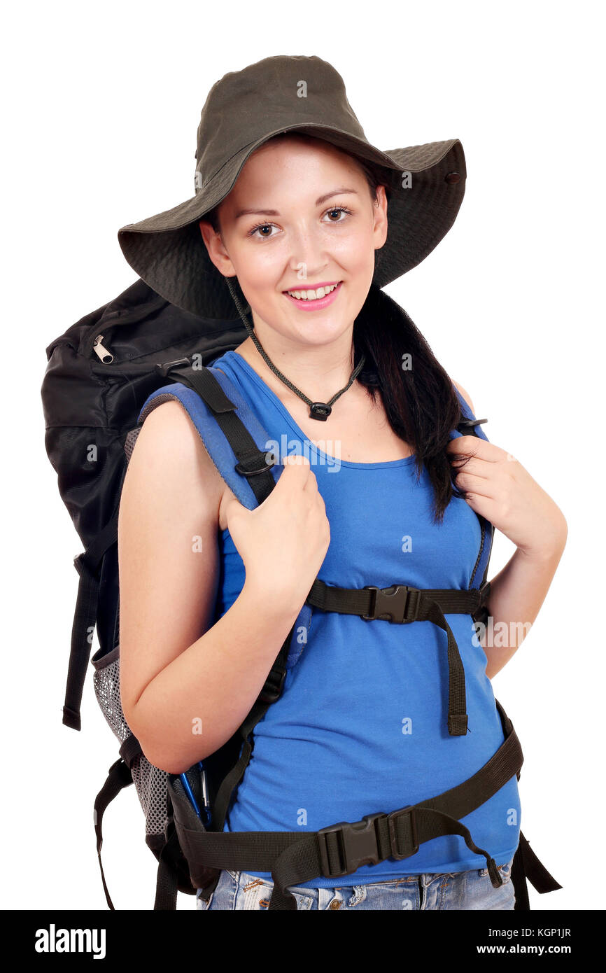 beautiful girl with backpack ready for hiking Stock Photo - Alamy