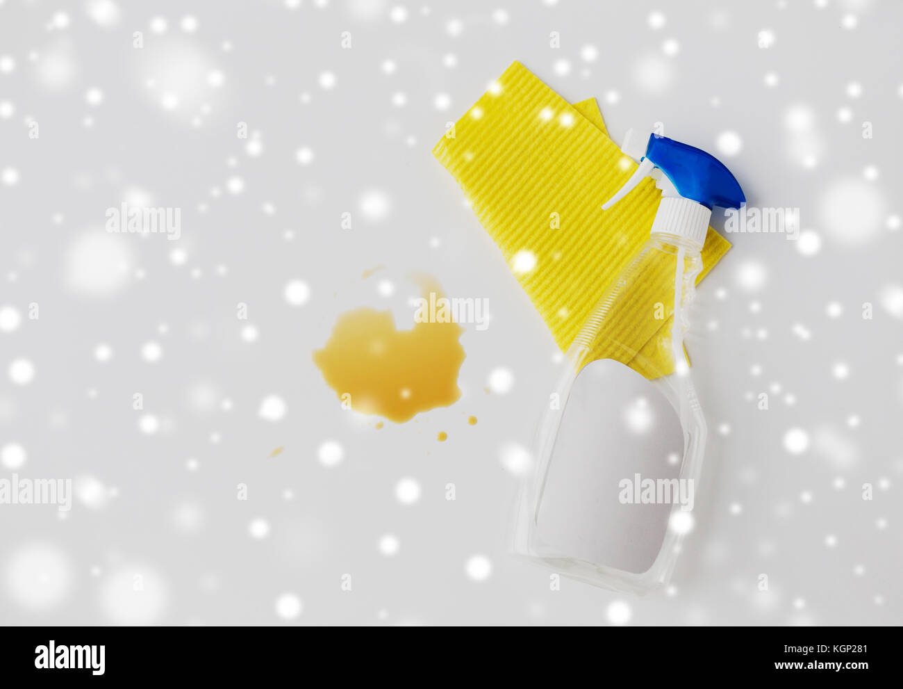 cleaning rag, detergent spray and spilled stain Stock Photo - Alamy