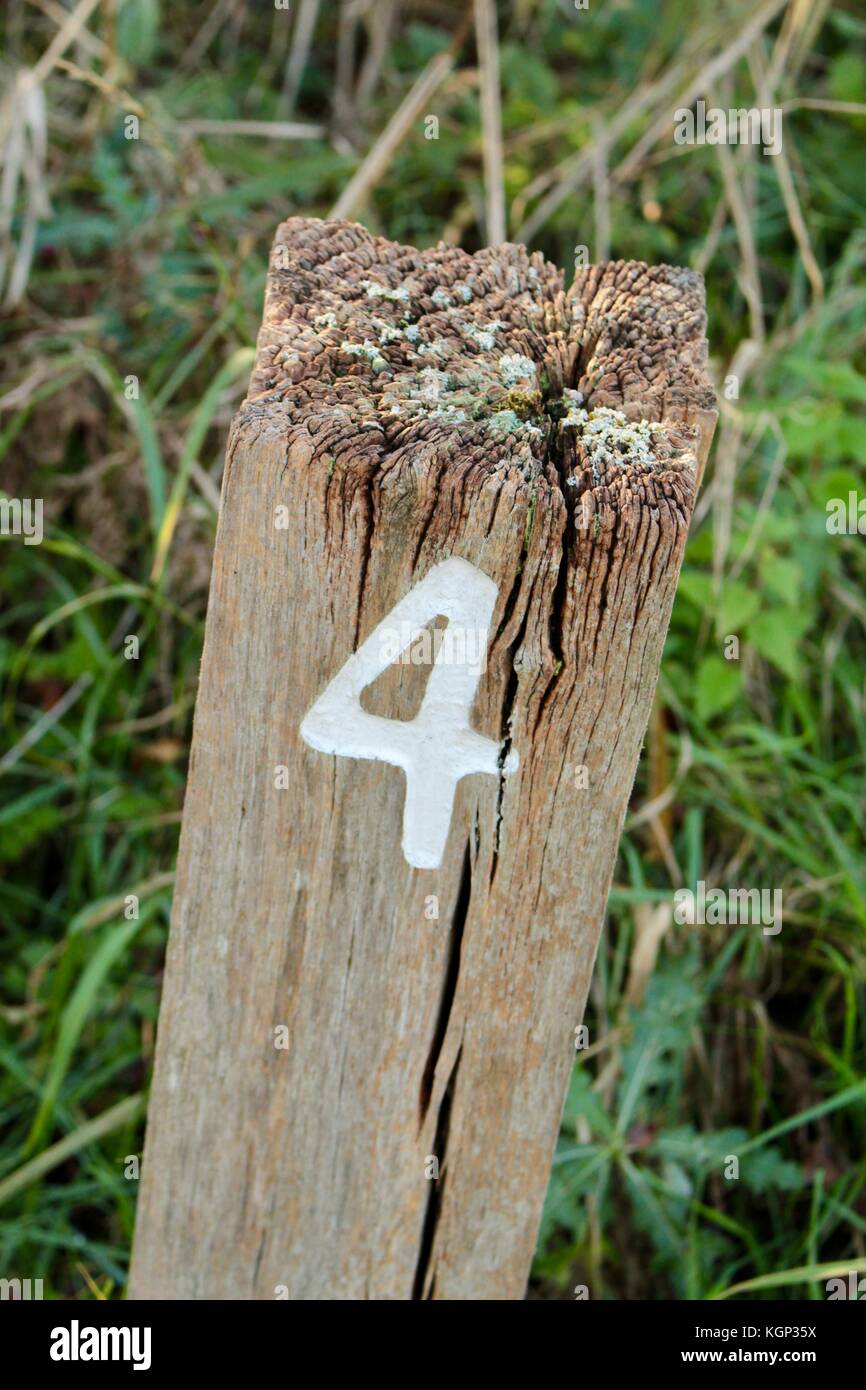 White number 4 on old wooden post at Fowlmere Nature reserve, Cambridge ...