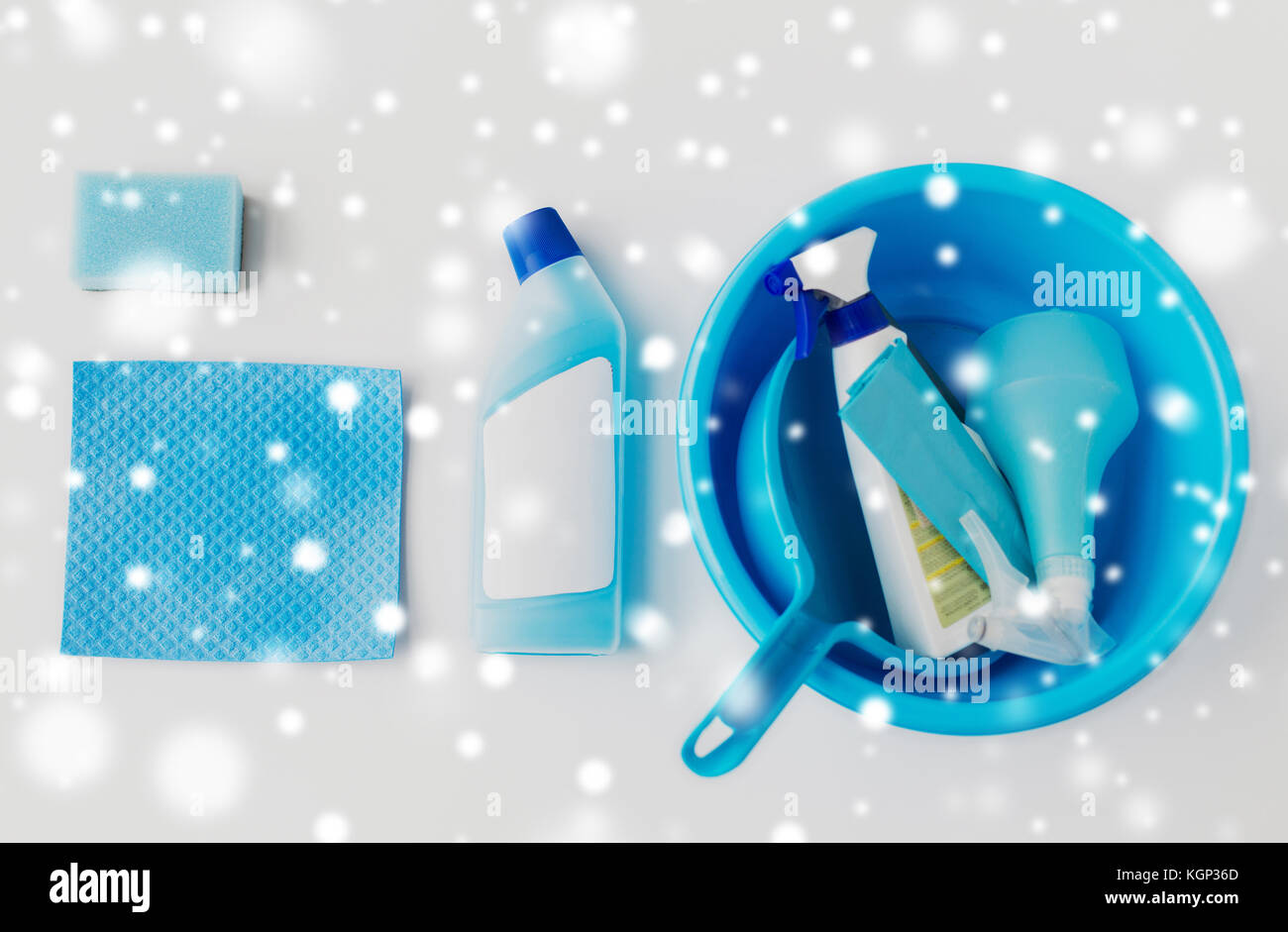 basin with cleaning stuff on white background Stock Photo - Alamy