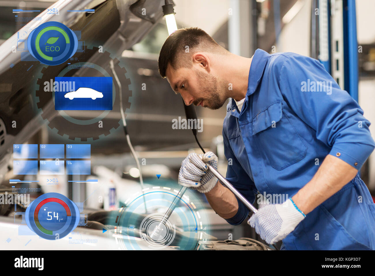 mechanic man with wrench repairing car at workshop Stock Photo - Alamy