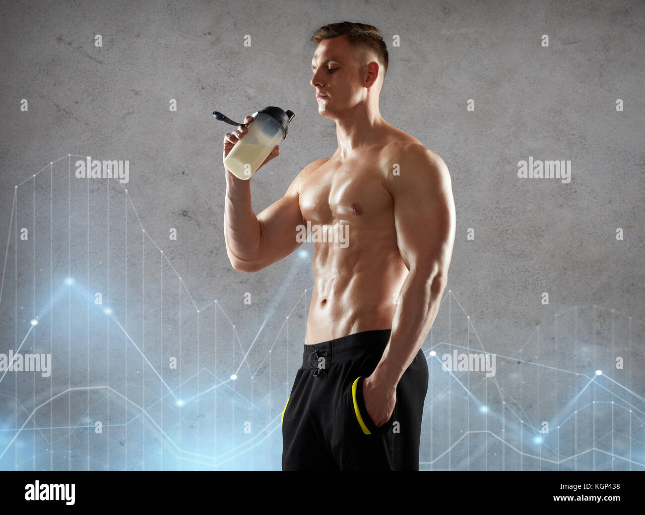 young man or bodybuilder with protein shake bottle Stock Photo - Alamy