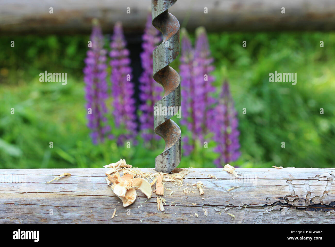 Metal spiral drill for making holes in logs when assembling a wooden ...