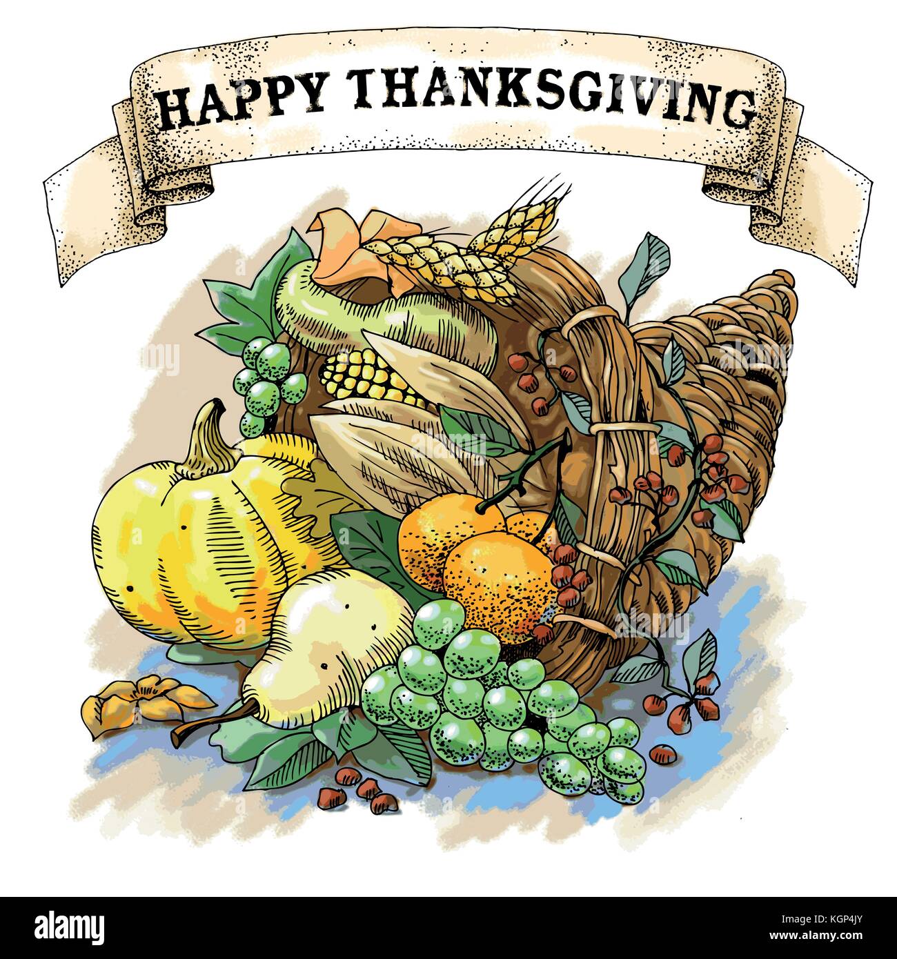 Illustration of a Thanksgiving cornucopia full of harvest fruits and ...