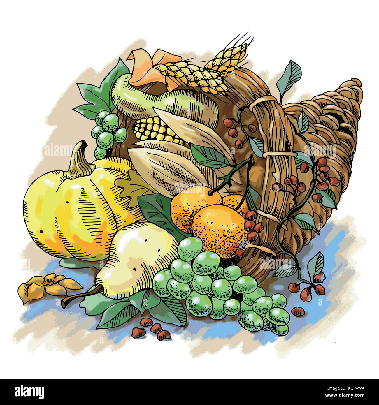 Illustration of a Thanksgiving cornucopia full of harvest fruits and ...