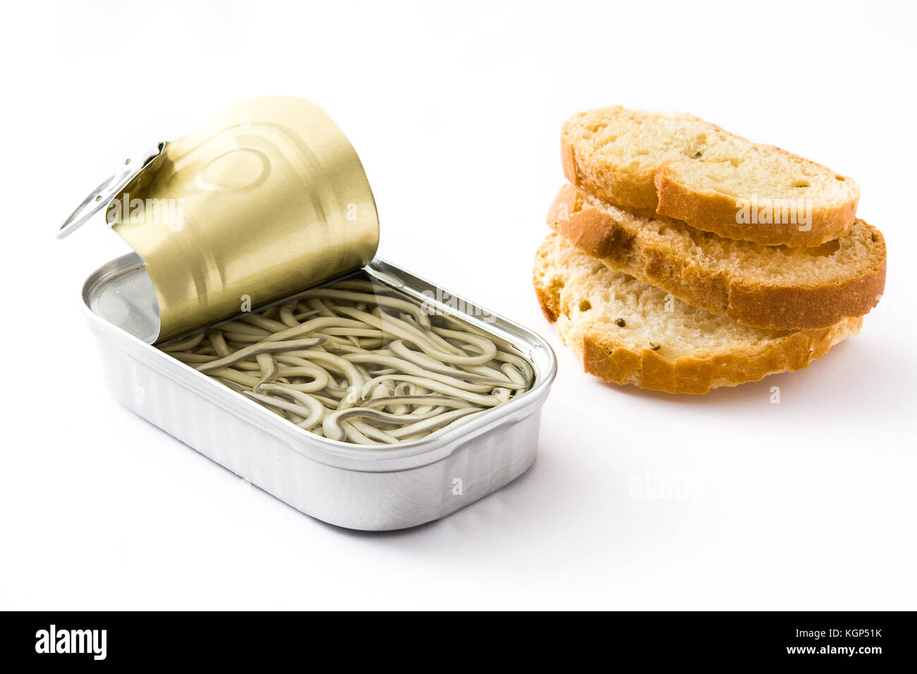 Baby eel can preserve isolated on white background Stock Photo - Alamy