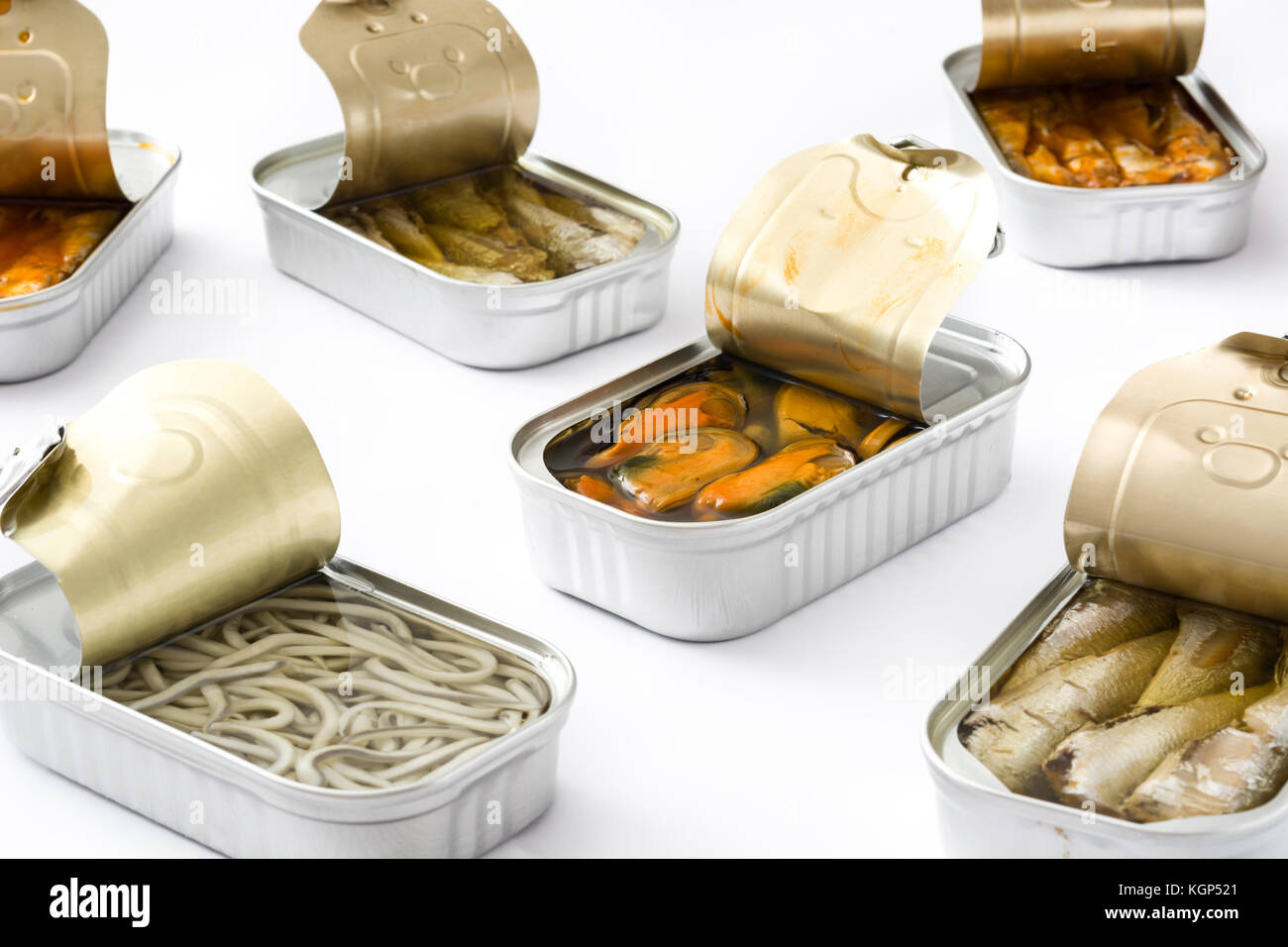 Cans of preserves isolated on white background Stock Photo - Alamy